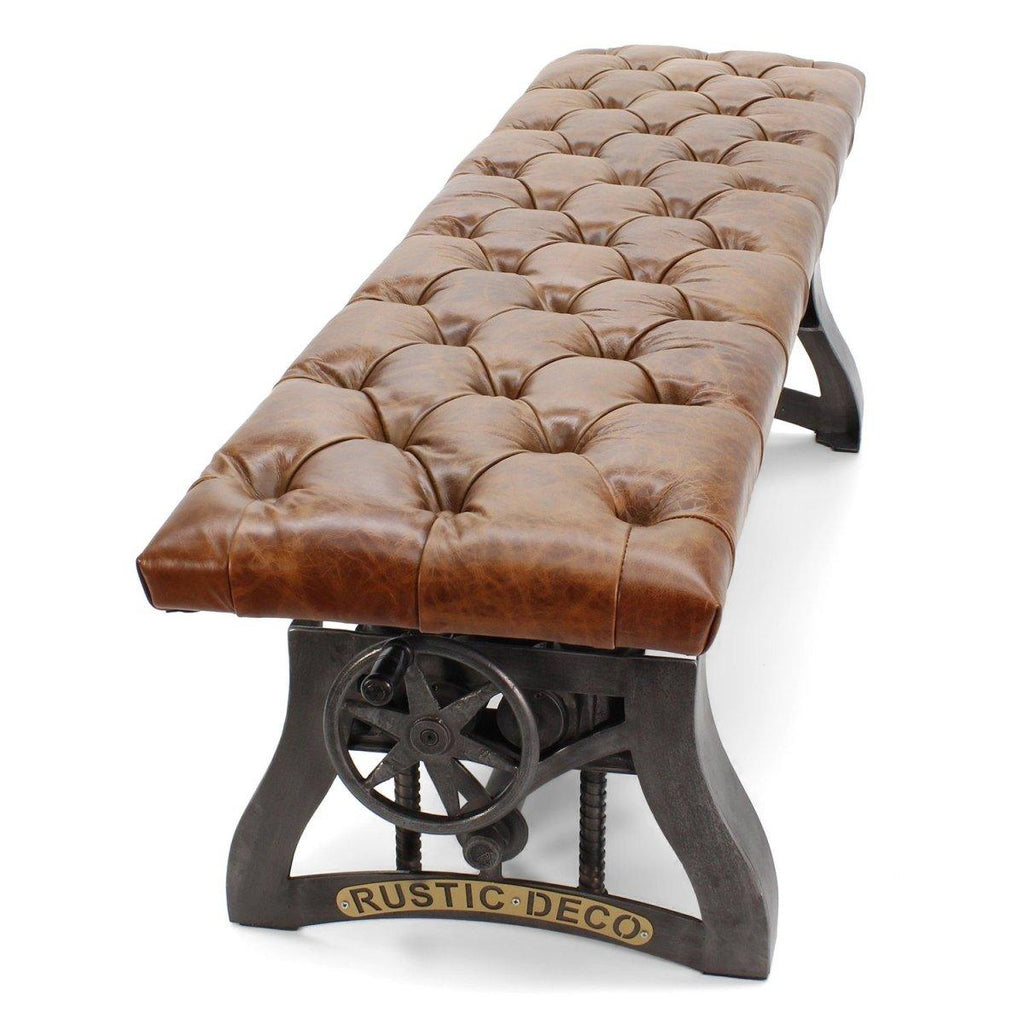 Crescent Industrial Dining Bench - Adjustable Iron Base - Brown Leather ...